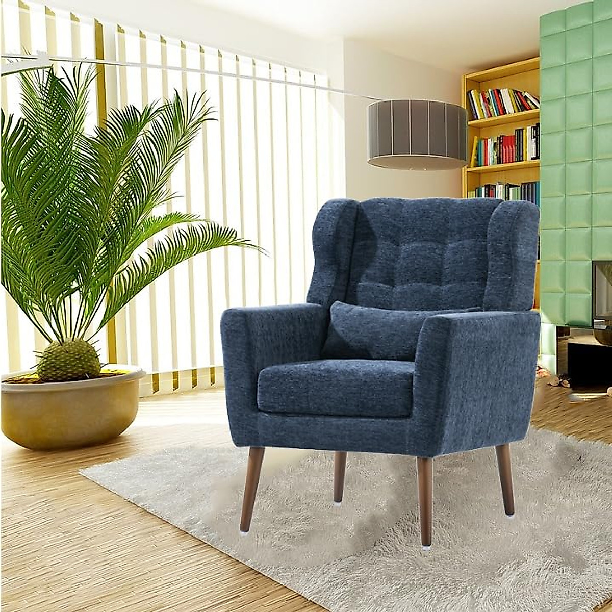 Modern Accent Chair,Chenille Fabric Reading Living Room Side Chair,Single Sofa with Wood Legs, Armchair for Living Room Bedroom(Dark Blue)