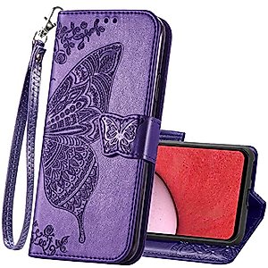 Wallet Case for Samsung Galaxy A14 5G,PU Leather Wallet Flip Protective Phone Case Wrist Strap Card Slots Holder Pocket Emboss Butterfly Flower Stand Case for Samsung Galaxy A14 5G Purple
