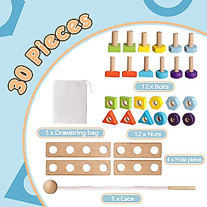 Abellzos Wooden Lacing Beads, 30 PCS Wooden Nuts and Bolts Toys, Fine Motor Skills Montessori Toys for 2 Year Old, Lacing Toys Montessori Learning Educational Game for Boys Girls