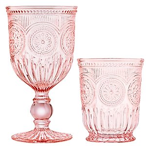 Pink Glassware Bundle- 6 x Pink Goblets and 6 x Pink Water Glasses - Vintage Glassware Collection for Parties