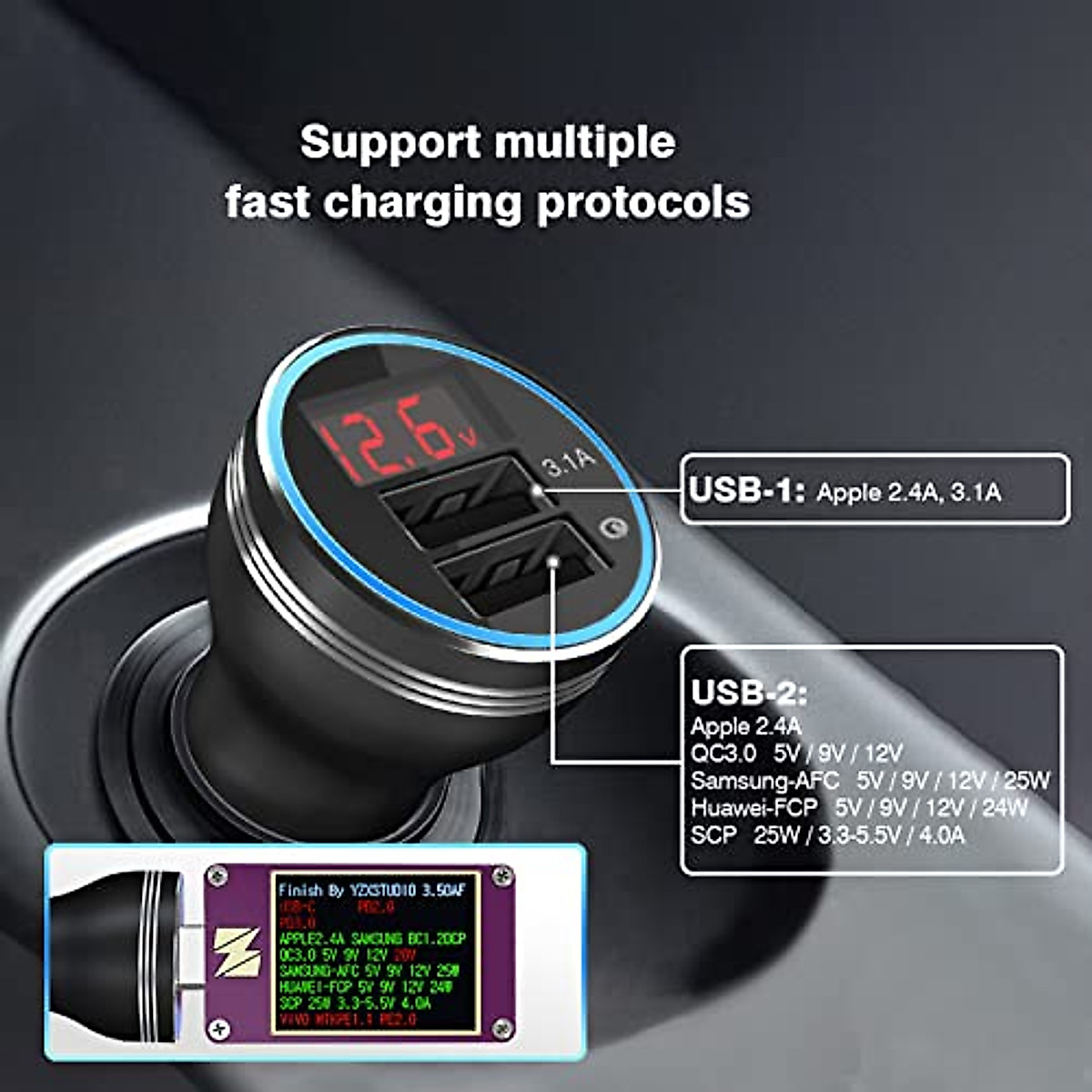 PSXROUKI Car Charger Adapter,5A/51W Dual USB Car Charger Fast Charging QC3.0 Metal Cigarette Lighter USB Charger Voltage Display Compatible with iPhone 11 Pro/8/7/6,iPad Pro, Galaxy Note 8/S8/S7/S6