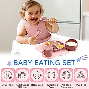 Newtay 8 Pack Baby Feeding Eating Supplies Silicone Suction Divided Plate Bibs Bowl Placemat Spoon and Fork Cup with Straw Tableware Set for Toddler (Dark Pink), 1.0 Count