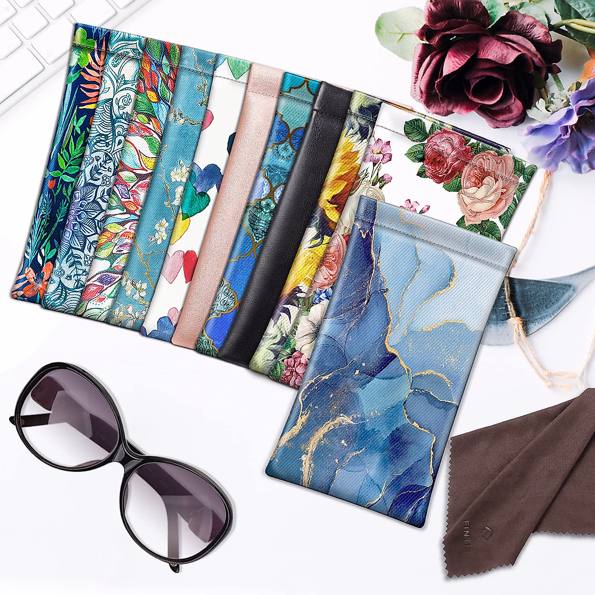 Fintie Eyeglasses Pouch with Cleaning Cloth, Portable Squeeze Top Vegan Leather Soft Glasses Case Anti-Scratch Sunglasses Bag, Ocean Marble