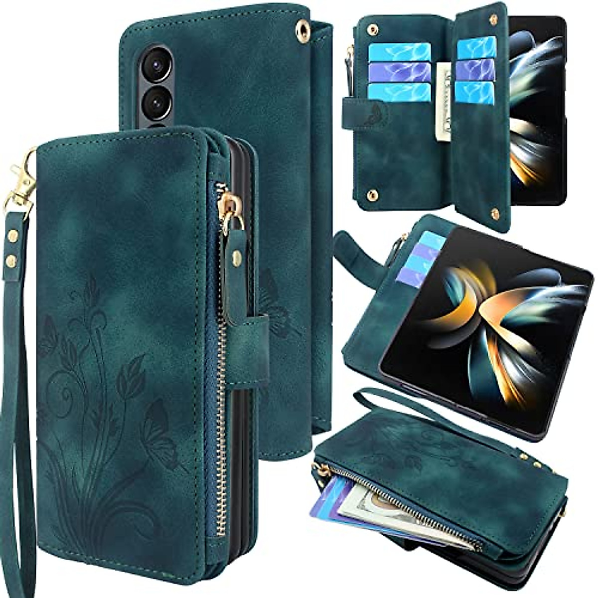 Lacass [Cards Theft Scan Protection 10 Card Slots Zipper Pocket Wallet Case Flip Leather Phone case Cover for Samsung Galaxy Z Fold 4 / z fold4 5G (2022)(Floral Cyan)