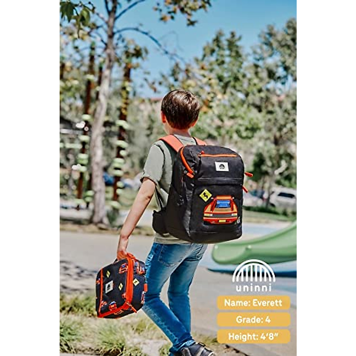 uninni 16" Kid's Backpack for Girls and Boys Age 6+ with Padded, and Adjustable Shoulder Straps. Fits for Height 3'9" Above Kids (Race Car Black/Red)