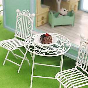 Metal Doll House Bistro Set, White Miniature Doll House Table and Chairs Set, 1/12 Scale Miniature Patio Set Fairy Garden Furniture Ornaments Micro Decor A