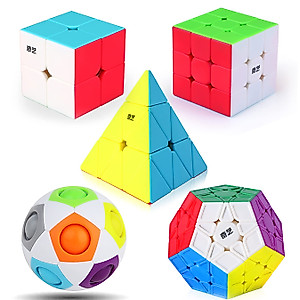 Roxenda Speed Cube Set, Speed Cube Bundle of 2x2 3x3 Megaminx Pyramid Cube and Magic Rainbow Ball Smoothly Magic Cubes Collection for Kids & Adults [5 Pack] (Stickerless)