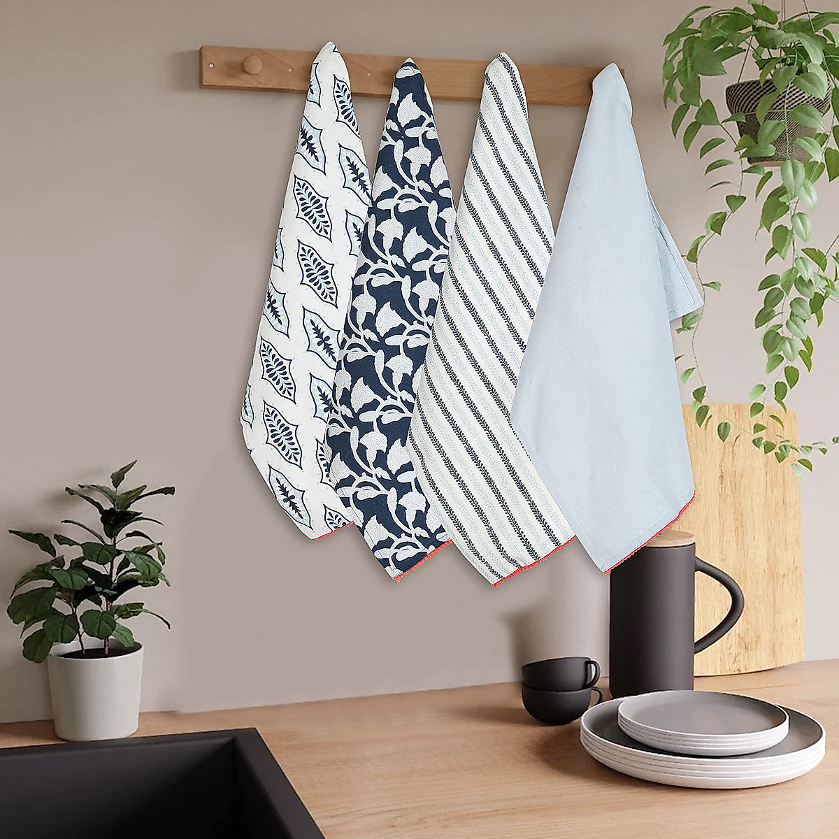 TARAN LIVING Amalfi Kitchen Towels Cotton with Trims Oversized Tea Towel Easter Table Decortaion Kitchen Decor Bar Mop Cotton Dish Towels Cloth - Blue & White - Set of 4-18x28 inches