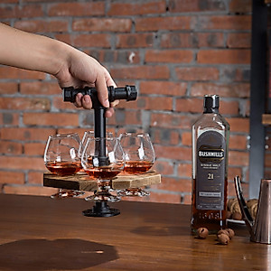 MyGift Solid Burnt Wood Serving Beer Whiskey Flight Set Tray with Industrial Black Metal Pipe Carrying Handle and 4 Small Snifter Style Tasting Beer Glasses