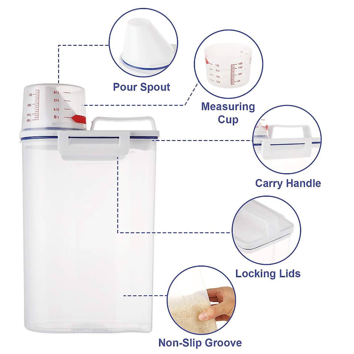 MIVIDE 3 Pack 9.8 Lbs Rice Storage Container, Rice Dispenser Storage Containers, Kitchen Cereal Containers Dispenser with Measuring Cup for Cereal, Oatmeal, Dry Pet Dog Food