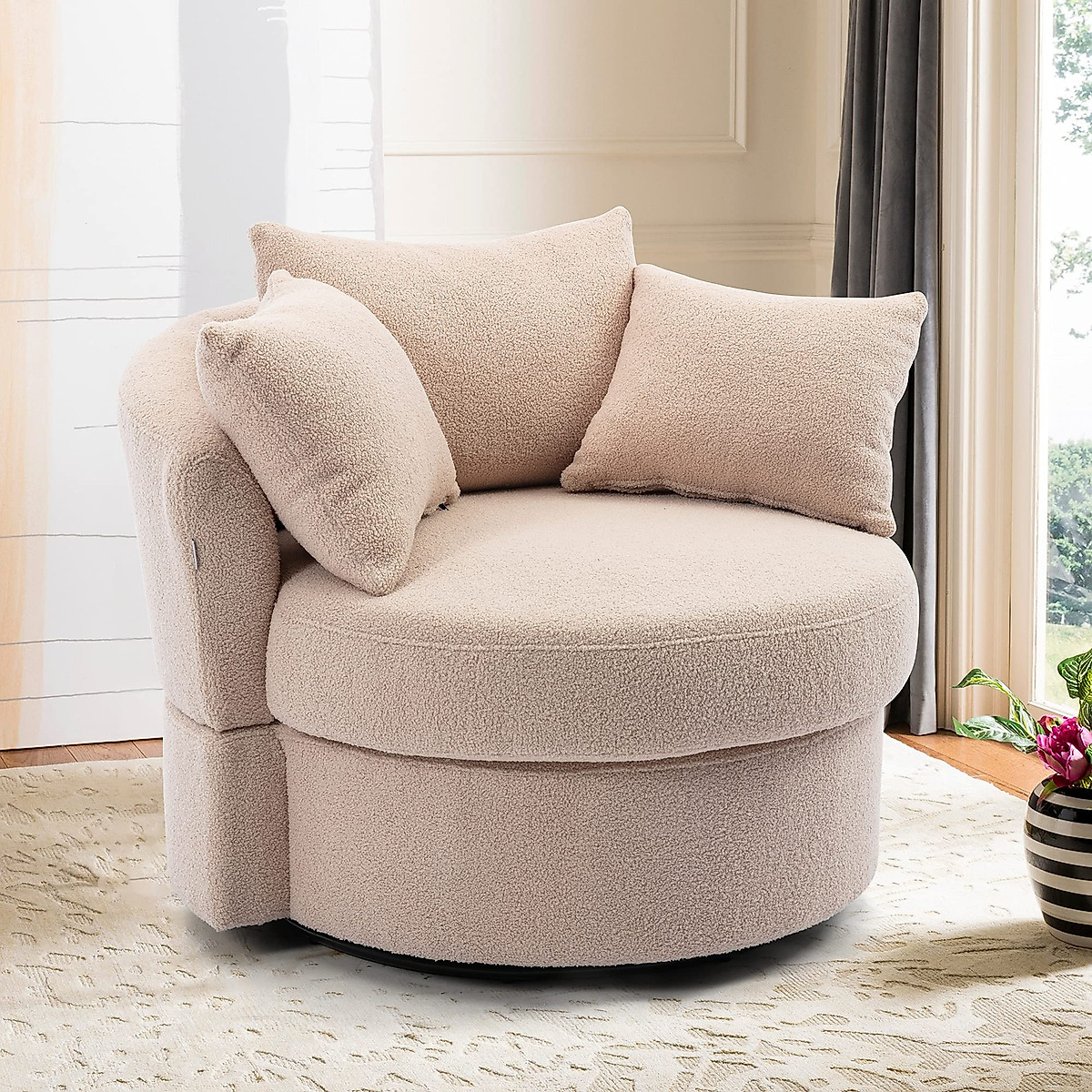 Dxacvkc 40" W Swivel Barrel Chair, Large Swivel Accent Sofa with 3 Pillows, 360 Degree Linen Loveseat Modern Oversized Arm Chair Cozy Club Chair for Bedroom Living Room Office, Camel