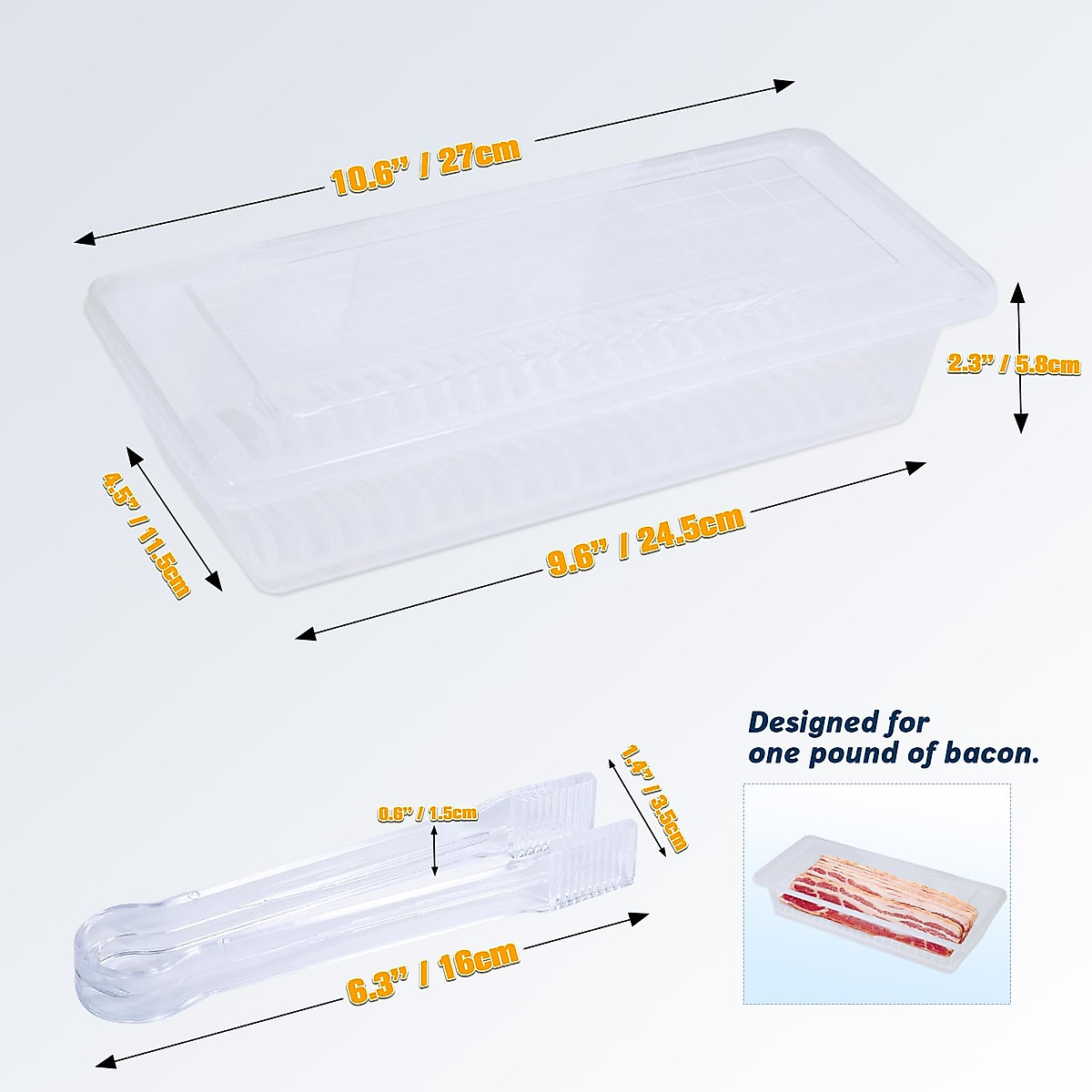 Caylielam 2-Pack Bacon Keeper Containers for Refrigerator, Airtight Fridge Meat Food Storage Boxes with Lids and Tongs, Clear and Reusable Plastic Fruit Cheese Eggs Serving Holder, Microwave Safe