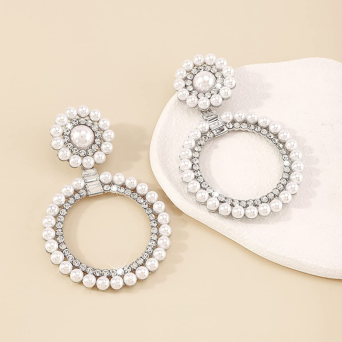 Jumwrit Pearl Hoop Earrings Big Circle Dangle Drop Earrings Rhinestone Round Stud Earrings Statement Pearl Earrings for Women Girls（Silver）