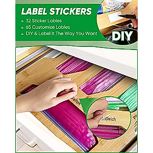 ONUEMP Ziplock Bag Storage Organizer for Kitchen Drawer, Aluminum Foil and Plastic Wrap Dispenser with Slide Cutter Fits 12" Roll, Bamboo Baggie Organizer Holder for Gallon, Quart, Sandwich and Snack