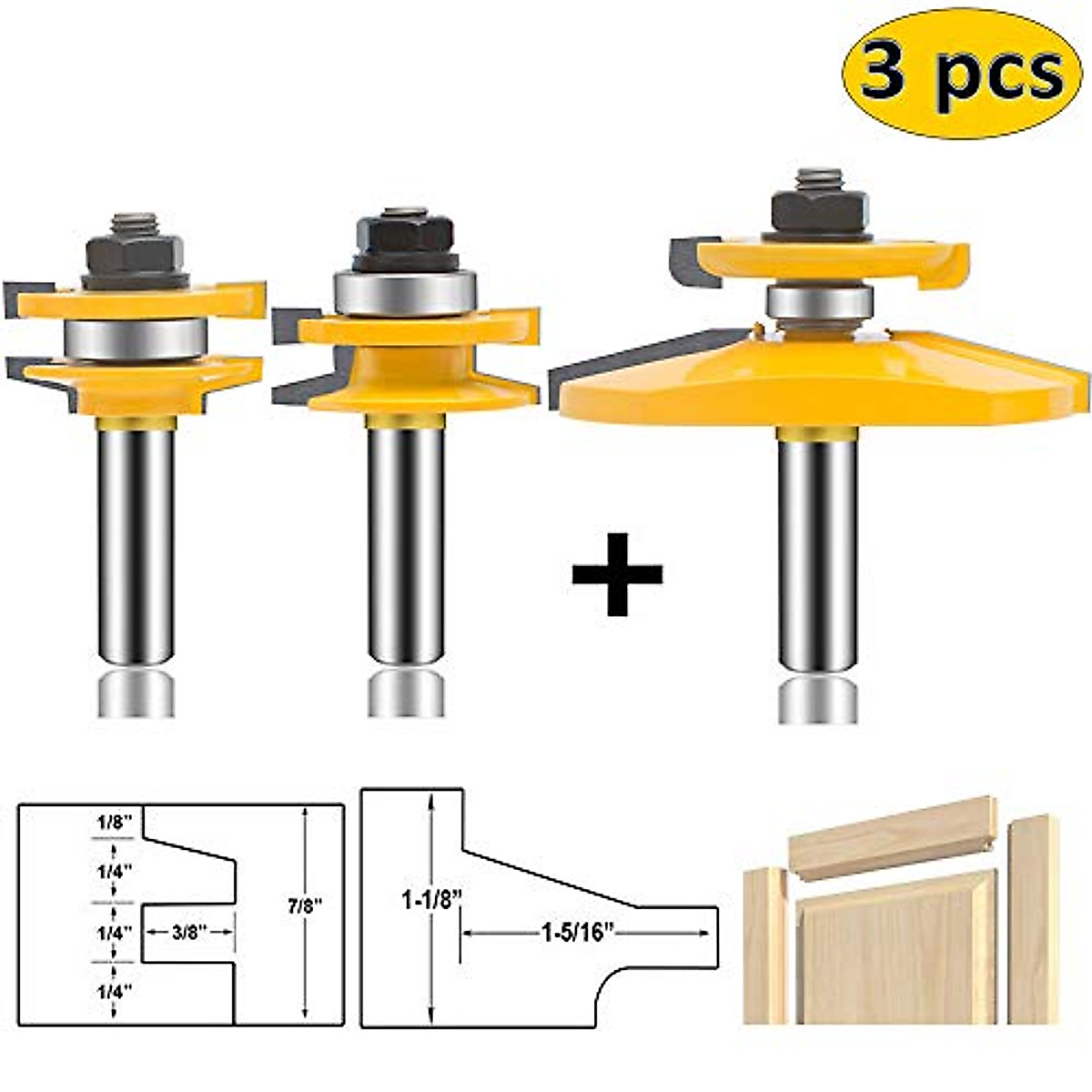 OLETBE 3 PCS Router Bit Set, 1/2-Inch Shank Round Over Raised Panel Cabinet Door Rail and Stile Router Bits, Woodworking Wood Cutter, Wood Carbide Groove Tongue Milling Tool(Gold)