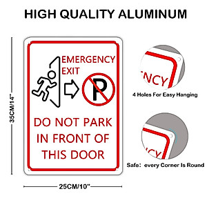 Warning Metal Sign Emergency Exit Do Not Park in Front of This Door Outdoor Tin Metal Sign Fade Resistance Durable Rust Free UV Protected Metal Decor Wall Decorative For Cafes Pubs Home Gate 14x10in