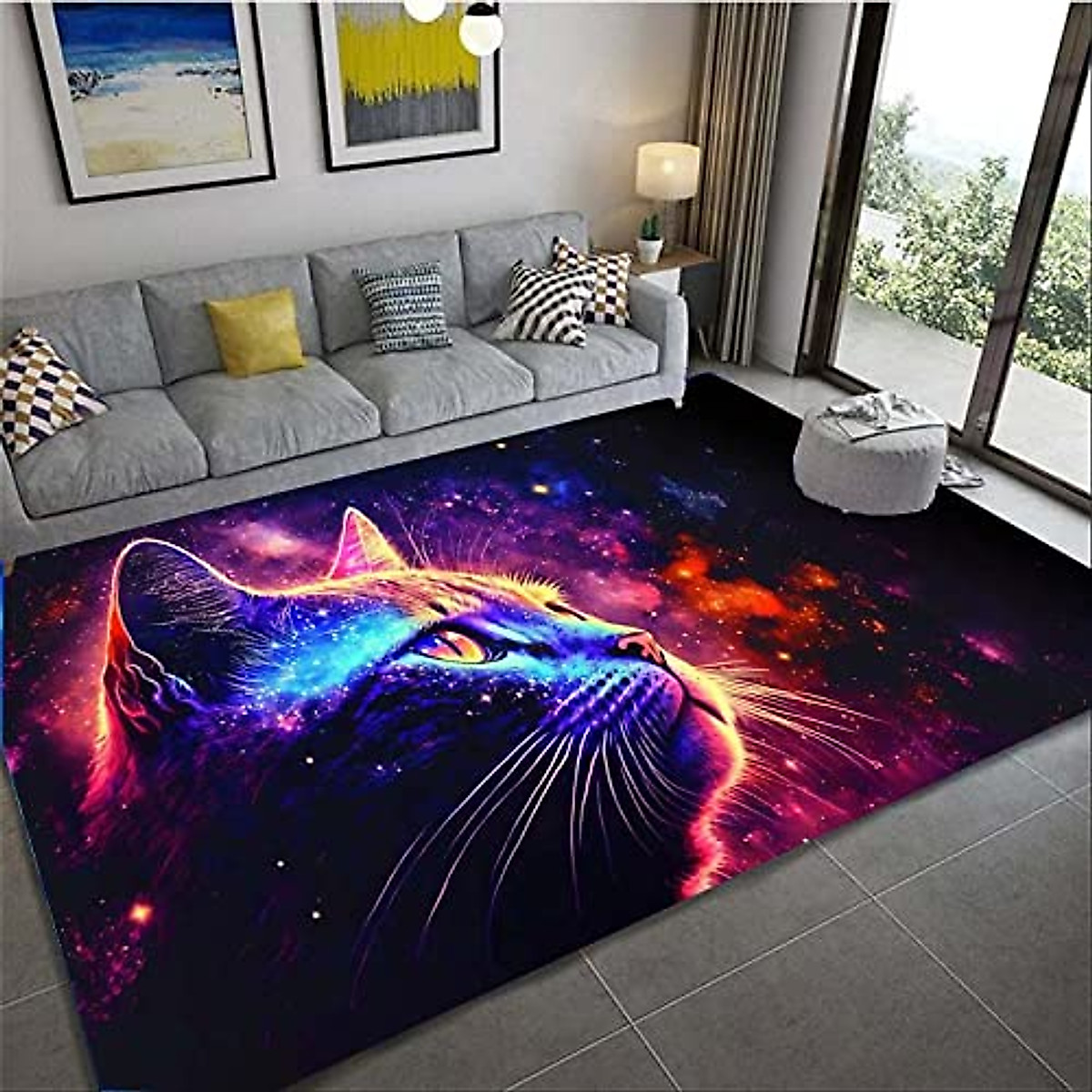 Carpet 8x10 Feet / 240x300 cm Machine Washable Rug,Anti Slip Backing Rugs,Modern Indoor Plush Carpet for Home Decor Blue Red Fluorescent Animal Cat Pattern