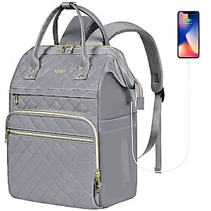 RJEU Women Backpack,Work Computer Bag for Nurse Teacher with USB Charger,Girls High School Backpack Cute Laptop Tote Backpack for Travel Office,Grey