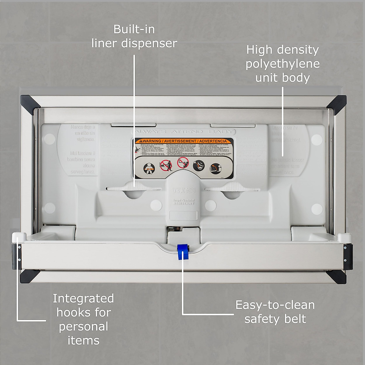 Foundations 100SSC-SM Horizontal Surface-Mounted Baby Changing Station for Commercial Restrooms, Durable Stainless Steel Design, Easy to Clean & Install, Meets All Safety Standards, Made in The USA