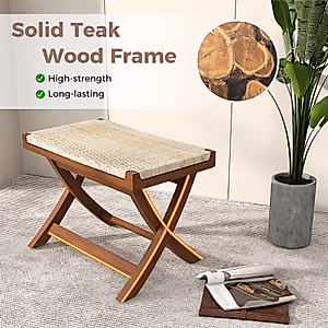 Tangkula Folding Natural Rattan Ottoman, Saddle Footrest Stool with Hand-Woven Seat & X-Shaped Teak Wood Frame, 16.5”H Vanity Accent Stool for Living Room Bedroom Entryway (1)