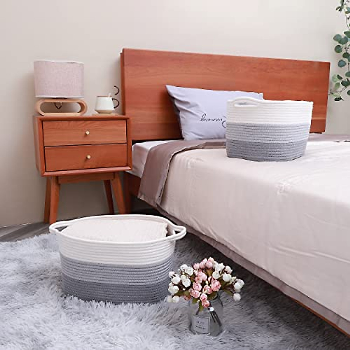 Bienvoun Cotton Rope Storage Baskets - 3 Packs Woven Storage Bins with Handle, Toy Storage Baskets, Blanket Baskets for Toy Storage, Blanket Storage, Book Storage(Grey)