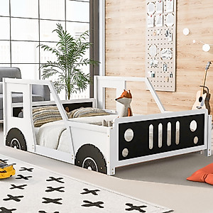 Full Size Car Bed, Wood Floor Bed Frame with Headboard & Footboard and 4 Side Rails, Kids Racecar Bed for Boys Girls Teens, White