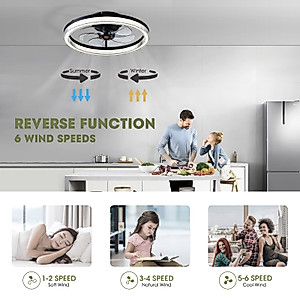 LUDOMIDE Ceiling Fans with Lights, 20" Low Profile Ceiling Fan with Light Remote Control, Flush Mount Fandelier Ceiling Fan 6 Wind Speeds 3 Color Changeable for Bedroom, Kitchen and Kids Room (Black)