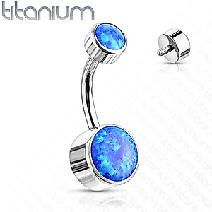 Titanium Iternally Threaded Top Doube Round Opal Bezel Set Belly Button Rings (14GA, L: 3/8" (10mm), Ball: 4 & 6mm, Opal Blue)