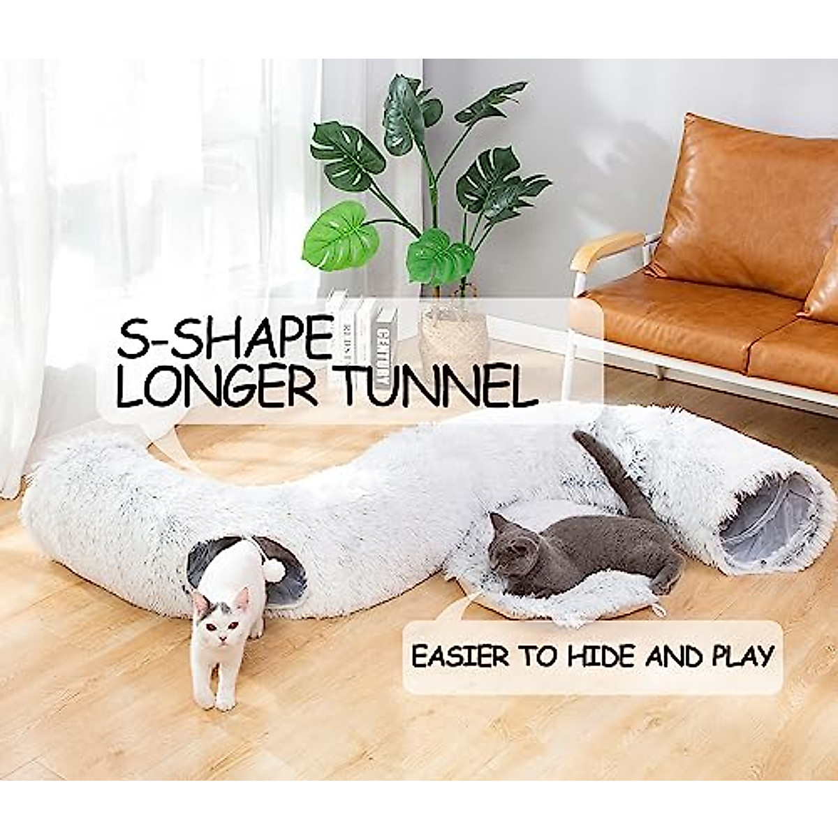 LUCKITTY Warm Fluffy Plush Cat Dog Tunnel Bed with Washable Cushion-Big Tube Playground Toys 3 FT Diameter Longer Crinkle Collapsible 3 Way, for Indoor Cat Kitty Kitten Puppy Rabbit Ferret White