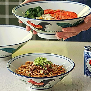 Kichvoe 7Inch Japanese Porcelain Bowl Ceramic Ramen Bowl Retro Rooster Pattern Serving Bowl For Salad Soup Rice