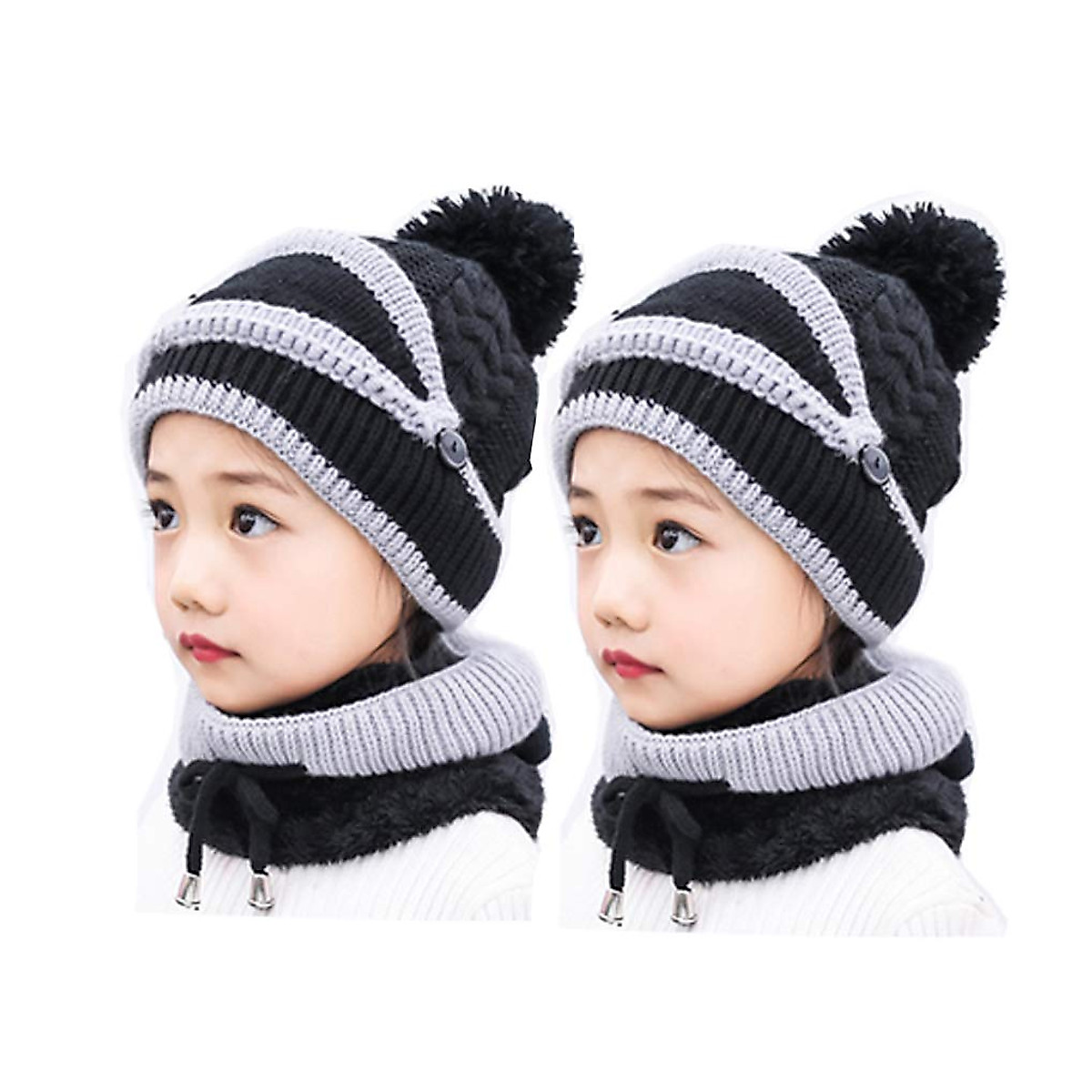 3 in 1 Winter Knitted Beanie Hat Scarf Mouth Mask Set for Girls Boys Kids, Warm Fleece Lined Ski Cap with Pompom Neck Warmer (Black)