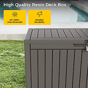 EAST OAK 60 Gallon Deck Box, Outdoor Storage Box with Padlock for Patio Furniture, Patio Cushions, Gardening Tools, Pool Supplies, Waterproof and UV Resistant Resin, Grey