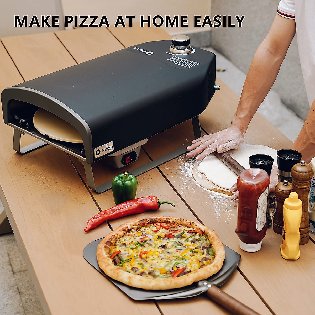 Q Pizza Gas Pizza Oven Portable Propane Pizza Oven with Automatic Rotating Stone for Outdoor Cooking, Portable Gas Pizza Oven For Outside Garden Backyard Party