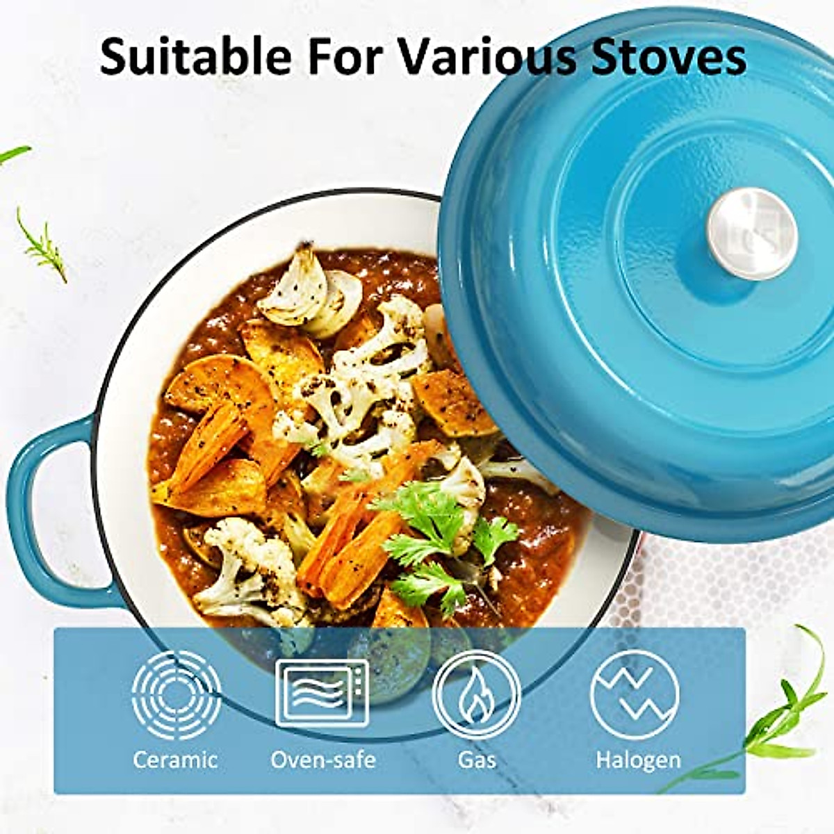 Enamel Cast Iron Casserole Dish with Lid --CSK Cast Iron Braiser Pan with Porcelain Coating, 4 QT Enameled Cast Iron, Steel Knob Cover & Double Loop Handles, Cast Iron Casserole Dish, Card Blue.