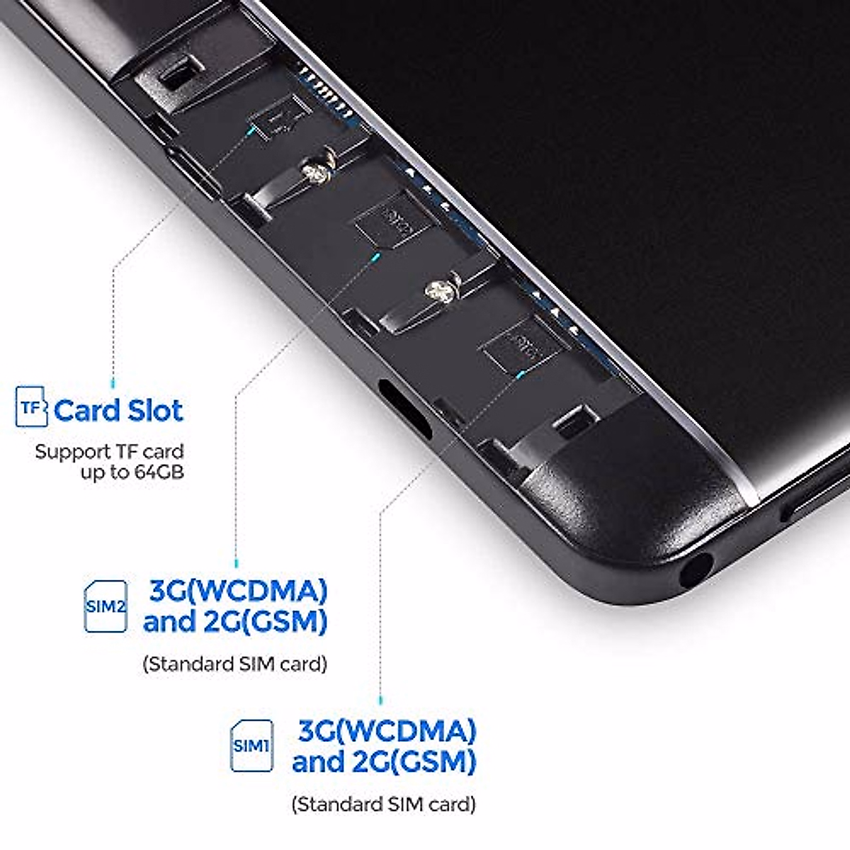 TenYiDe 10.1" Inch Android Tablet PC,3G Unlocked Phablet 4GB RAM 64GB Storage with Dual sim Card Slots and Cameras,Tablet PC with WiFi,Bluetooth,GPS(Metallic Silver) (Metallic Black)