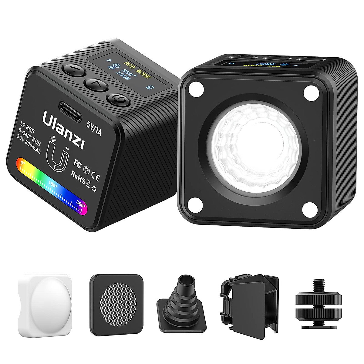 ULANZI L2 RGB COB Video Light Mini Cube Lights, LED Camera Light 360° Full Color Portable Photography Video Lighting, 800mAh Rechargeable & Magnetic Designs and 11 Dynamic Light Effects