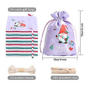 24 Pcs Small Christmas Bags with Drawstring Cute Satin Xmas goodie Bags Bulk for Christmas Advent Calendar Assorted Treat Bags for Winter Holiday Party Favor