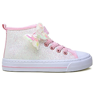 Toandon Girls Kids Sneakers Glitter Canvas Shoes Sparkle High Top Toddler Child Adjustable Hook Loop Straps Velcro Non Slip Lightweight Walking Outdoor Sequins Pink White Size 2