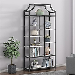 Loomie 8-Open Shelf Bookshelf, 70.87" H x 31.5" L Lux Etagere Bookcase, Tall Storage Display Modern Open Book Case for Bedroom, Home Office & Living Room, Black Finish Metal Frame & White Shelving