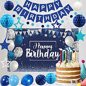 Blue Happy Birthday Decorations, 41 Pack Happy Birthday Banner, Balloons, Backdrop, Hanging Swirl, Honeycomb Ball and Circle Dot Garland Supplies for Birthday Party