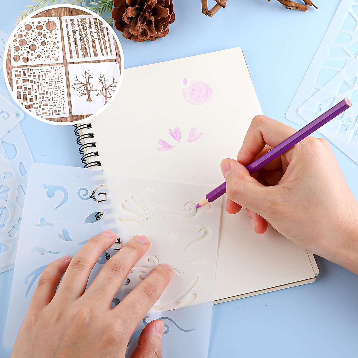 14 Pcs Mixed Media Stencils, Mabor DIY Crafts Stencils Painting Stencils for Wall Floor Decor Branches Patterns Stencils Geometric Styling Stencils for Stamp Card Making