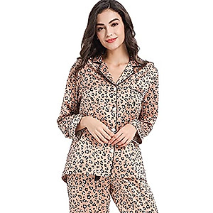 Serenedelicacy Women's Satin Pajama Set 2-Piece Sleepwear Loungewear Long Sleeve Button Down Silky PJ Set (Medium, Tan/Black/Ivory, Leopard)