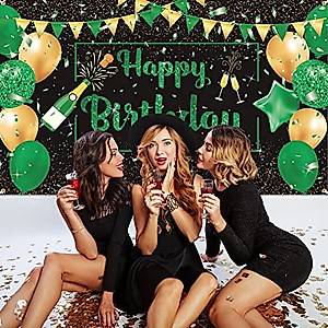 Green Black Gold Birthday Party Decoration Banner, Green Black Happy Birthday Backdrop Banner, Large Green Black Gold Birthday Banner Photo Background Party Decoration for Men Women Boys Girls