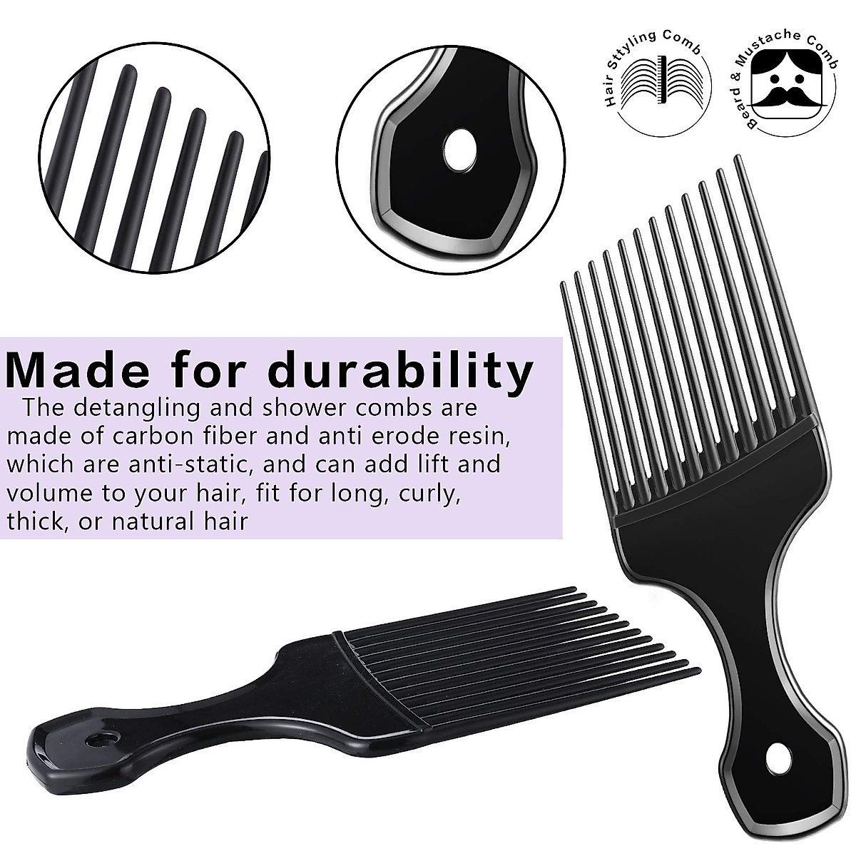 Patelai 3 Pieces Wide-Tooth Comb Detangling Shower Comb Set, Carbon Fiber Pick Barber Brush Tool for Beard, Long, Thick, Curly Afro Hair