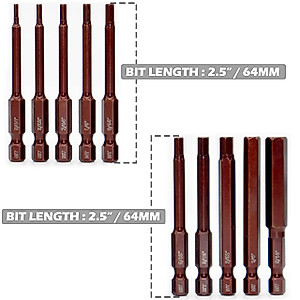 2.5" SAE HEX Bit Set | SAE Taiwan S2 Steel HEX Bit Set | SAE Hex Head Bit Set | Hex Head Allen Wrench Drill Bit Set | 10-Piece | for 1/4" Impact Driver or Drill by Milliontronic