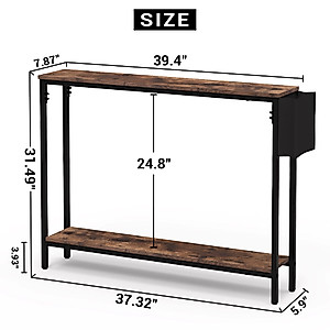 Bigbiglife 39.4" Console Entryway Table, 2-Tier Industrial Narrow Sofa Table with Storage Shelves for Hallway, Living Room, Bedroom, Foyer, Corridor, Office, Rustic Brown and Black