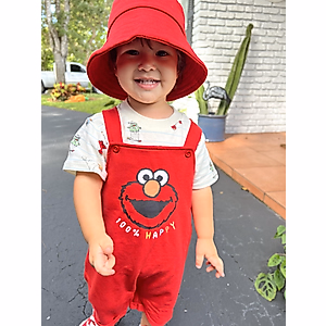 Sesame Street Elmo Infant Baby Boys French Terry Short Overalls T-Shirt and Hat 3 Piece Outfit Set Red/White 24 Months