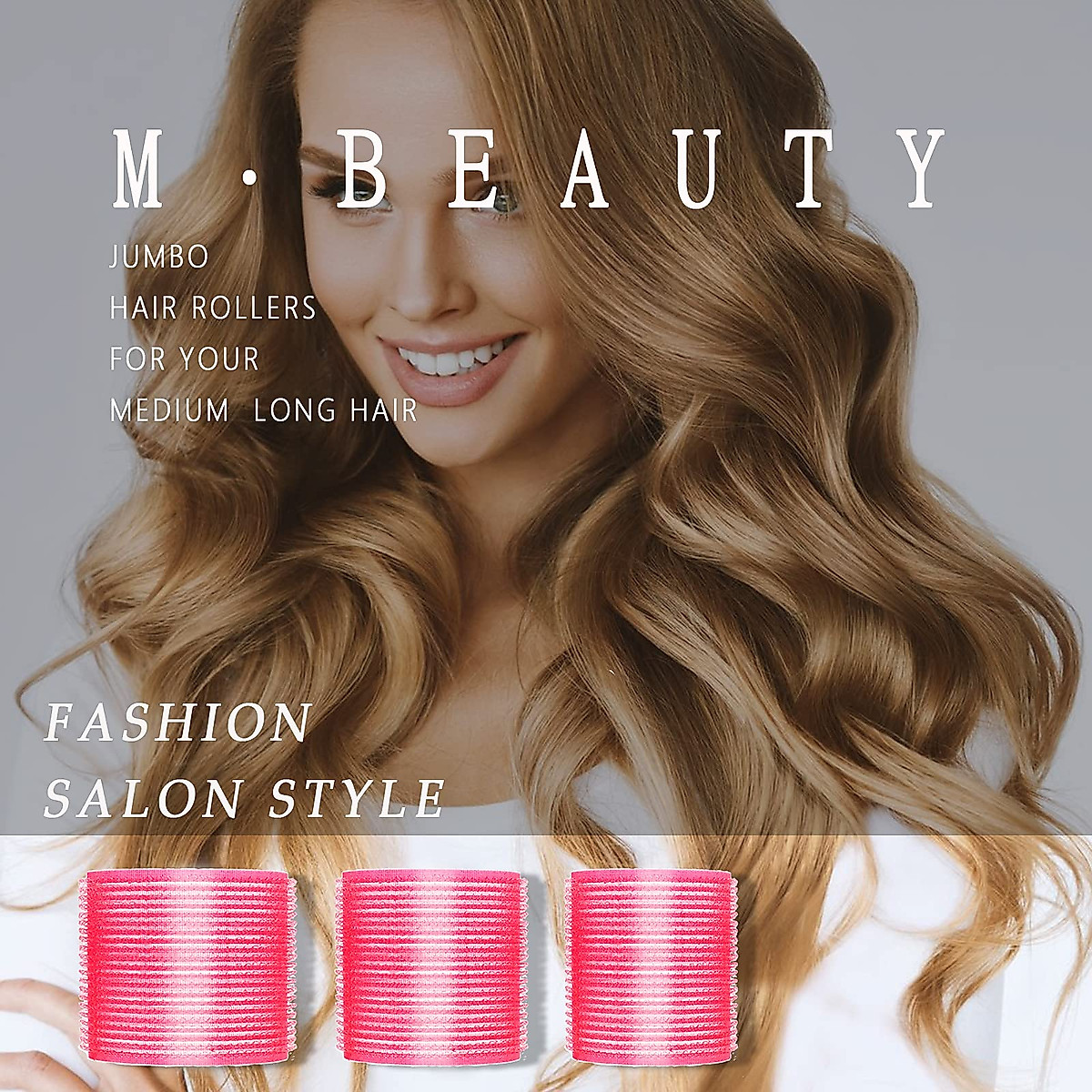 2.3 Inch Hair Rollers for Long Medium Short Hair, Self Grip Heatless Large Hair Curlers for Women With 10 Hair Clips & 1 Rat Tail Comb (2.3/1.9/1.4 Inch) Pink