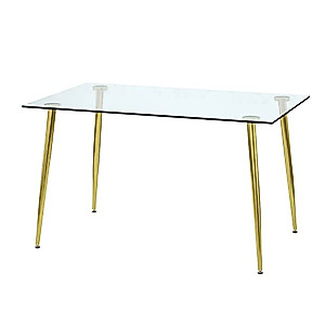 Glass Dining Table，51" Modern Rectangular Table with Spacious Tempered Glass Tabletop & Gold Plated Table Legs，Simplistic Kitchen Table, Versatile Table for Home Office