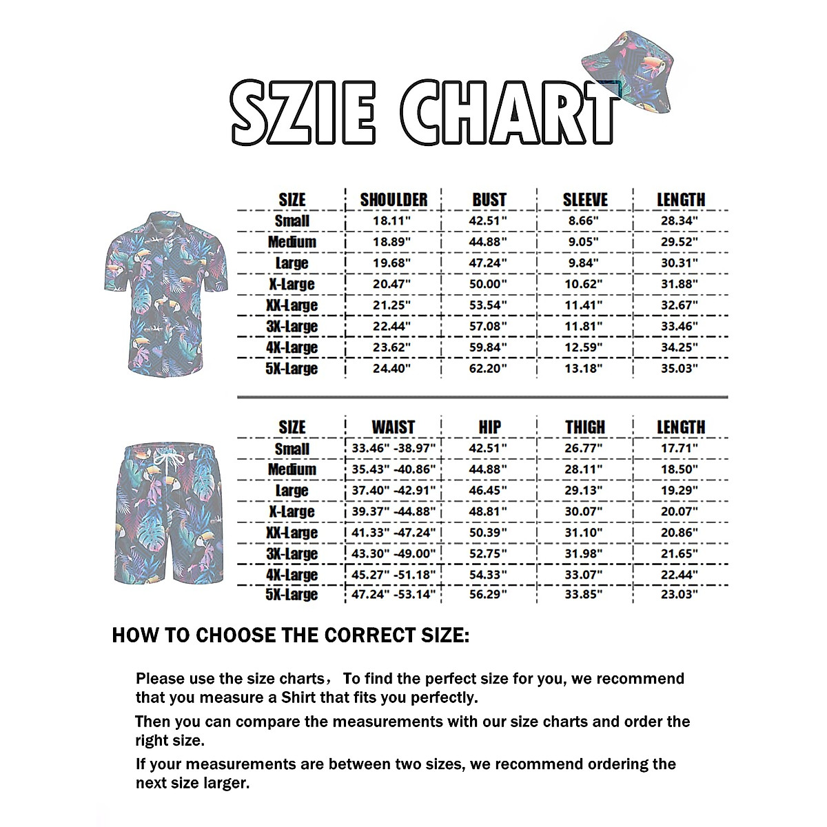 TUNEVUSE Mens Hawaiian Shirts and Shorts Set 2 Pieces Tropical Outfits Pineapple Printed Beach Shirt Suit with Bucket Hats Navy 3X-Large